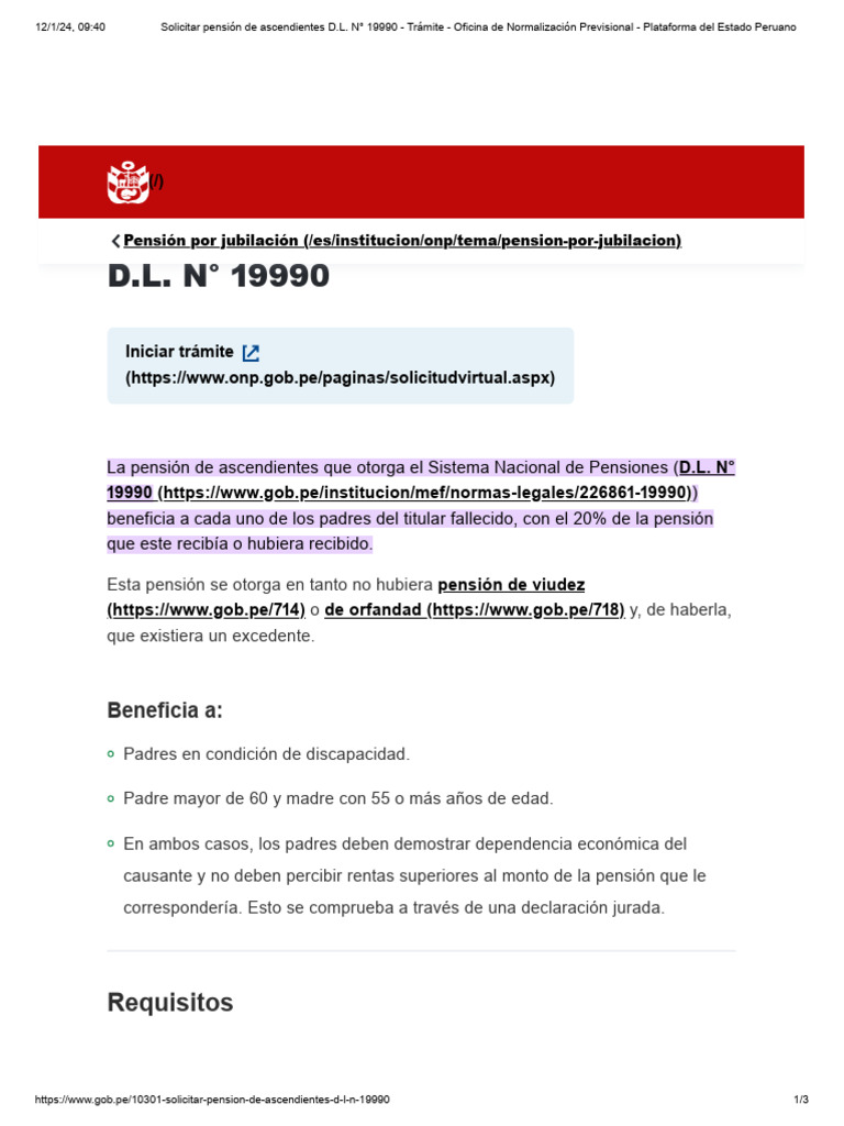 Solicitar Pensión de Ascendientes D.L. #19990 - Trámite - Oficina de ...