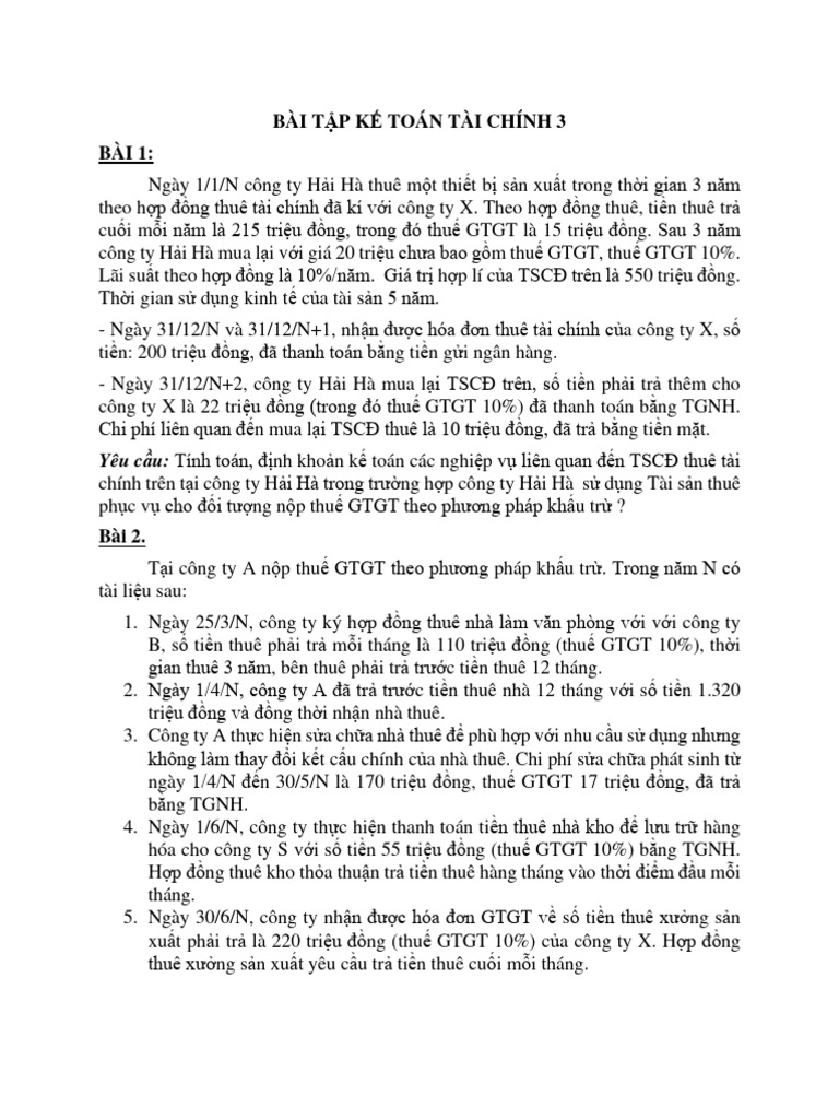 Bài tập KTTC 3 Hệ LT và B2 Tháng 11.2023 | PDF