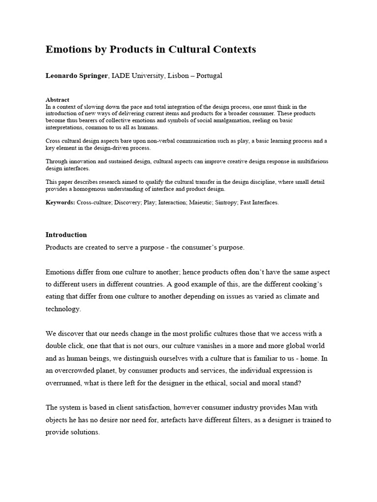 Cultural Emotions in Product Design | PDF | Emotions | Experience