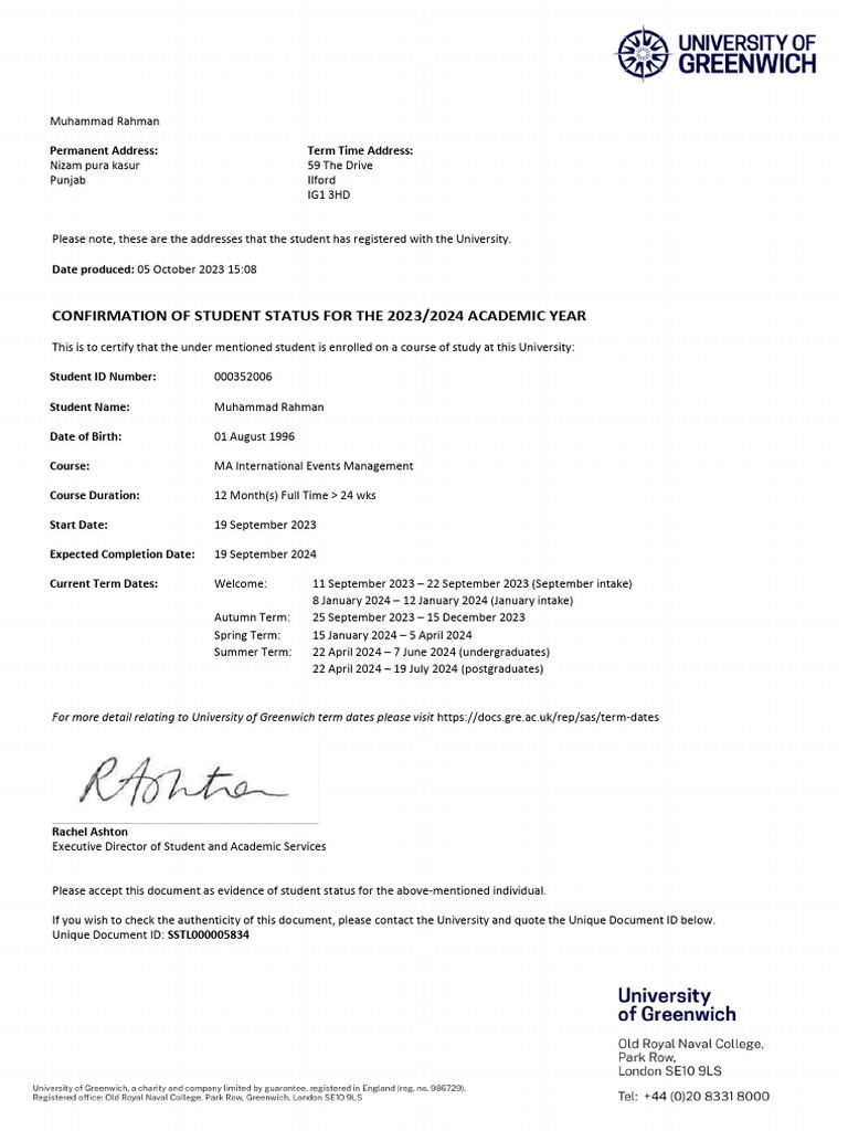 Student Status Letter - SSTL000005834 - 05.10.2023 | PDF