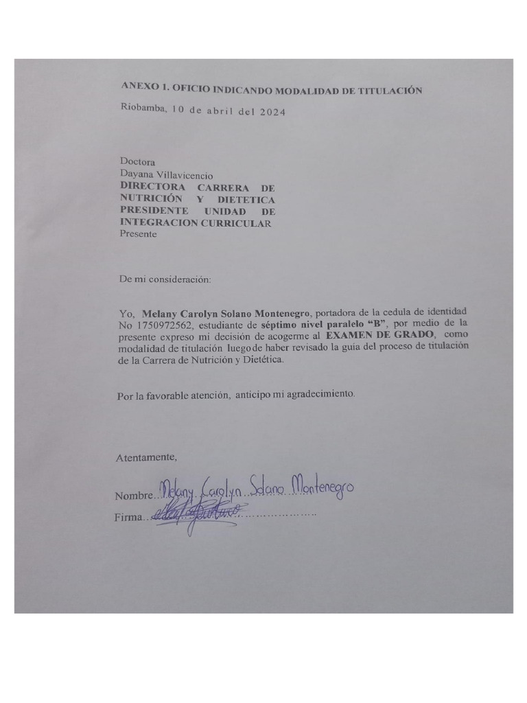Oficio de Examen Complexivo Melany Solano | PDF