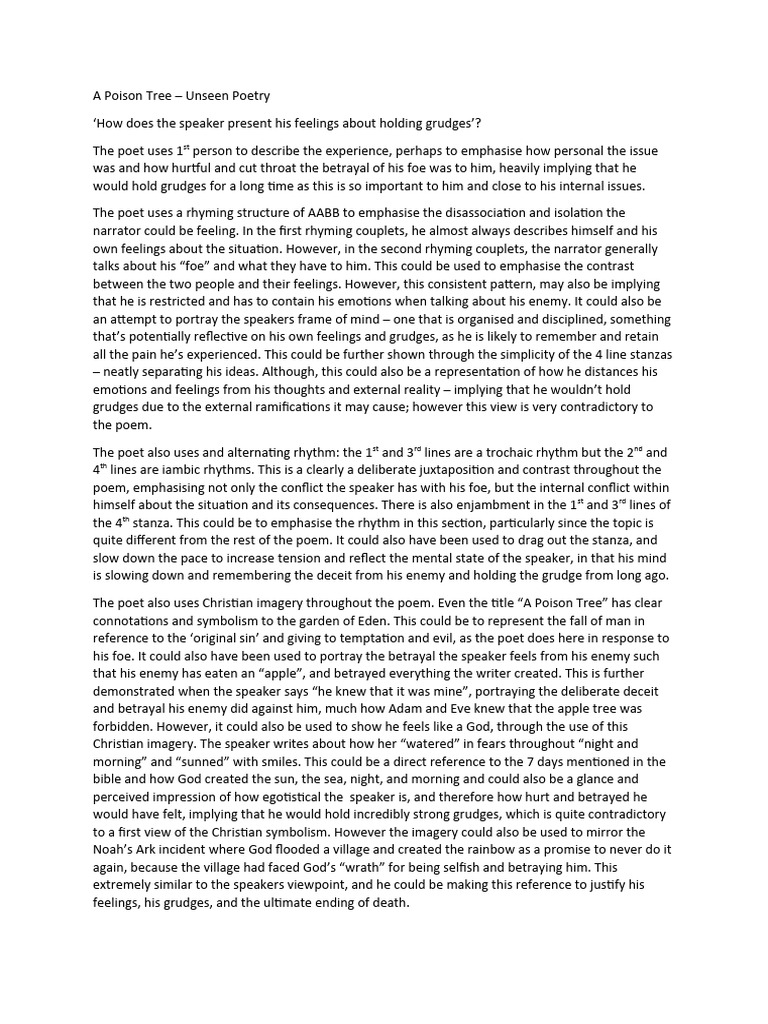 Unseen Poetry : A Poison Tree | PDF | Poetry