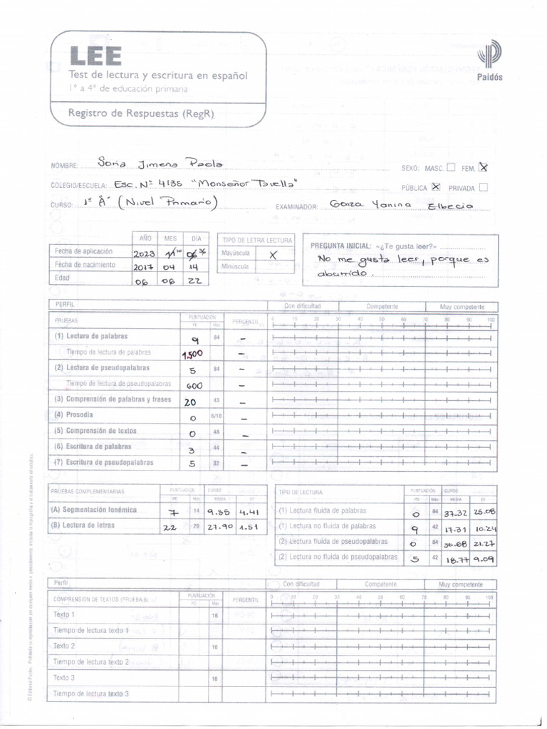 Registro de Respuestas Test de Lee | PDF