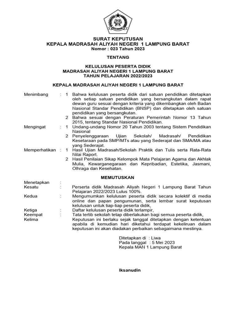 SK Kelulusan Tahun 2023 | PDF