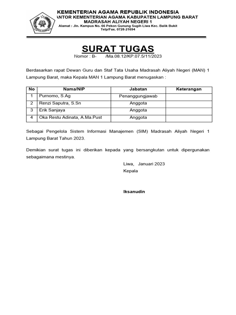 Surat Tugas Sim 2023 | PDF