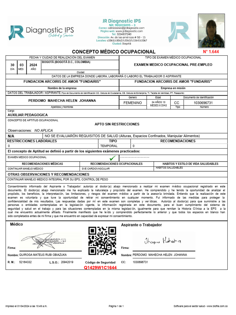 Perdomo Mahecha Helen Johanna Concepto Médico Ocupacional | PDF | Documento de identidad