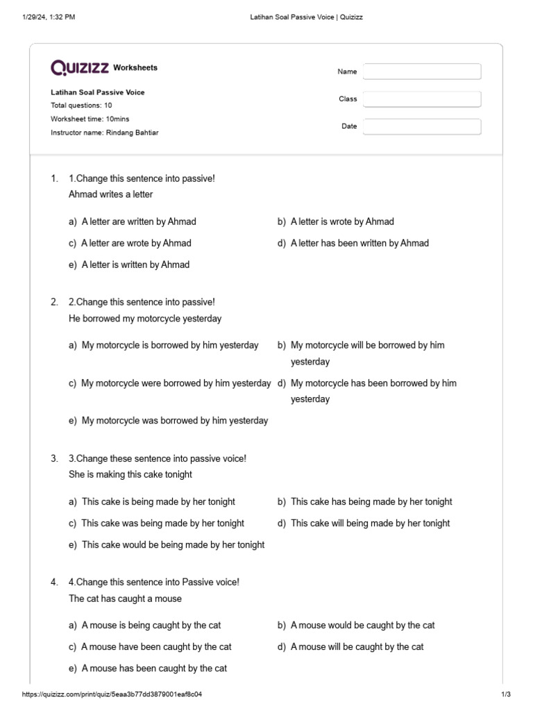 Latihan Soal Passive Voice _ Quizizz | PDF Latihan Soal Passive Voice _ Quizizz | PDF