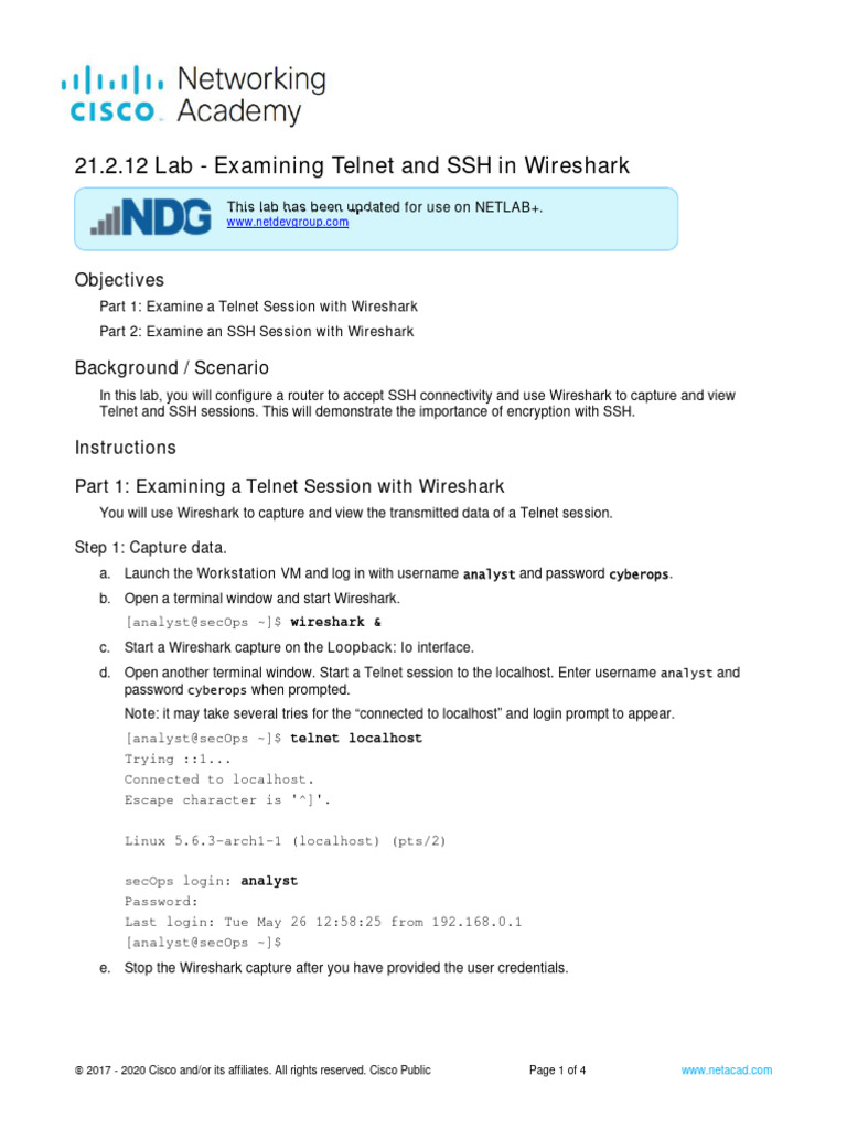 21.2.12 Lab Examining Telnet and SSH in Wireshark | PDF | Secure Shell | Software