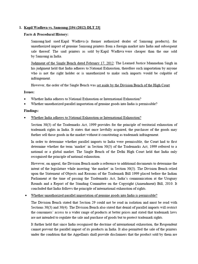 Cases On Doctrine of Exhaustion | PDF | Copyright | Copyright Law Of ...