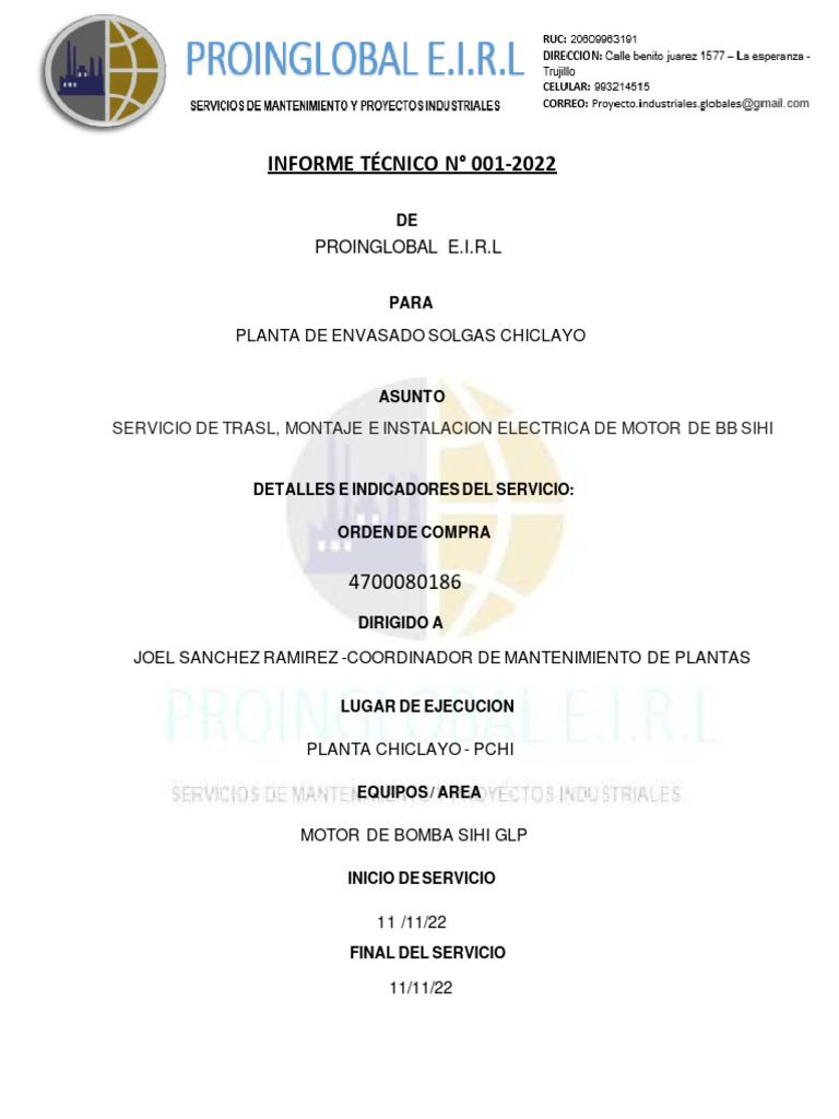Informe Técnico #001-2022 Traslado, Montaje e Instalacion de Motor Electrico de BB Sihi ...