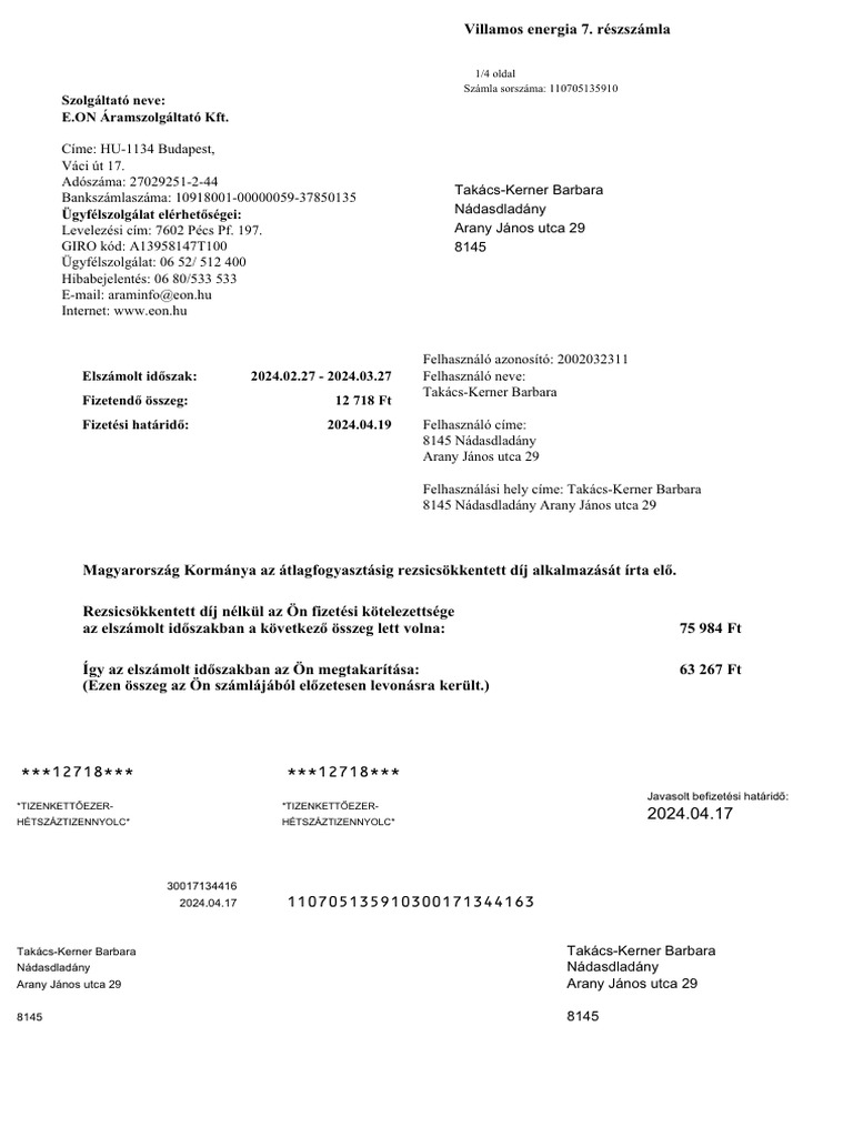 Szolg Áltató Neve: E.On Áramszolgáltató KFT.: 1/4 Oldal SZ Ámla Sorszáma: 110705135910 | PDF