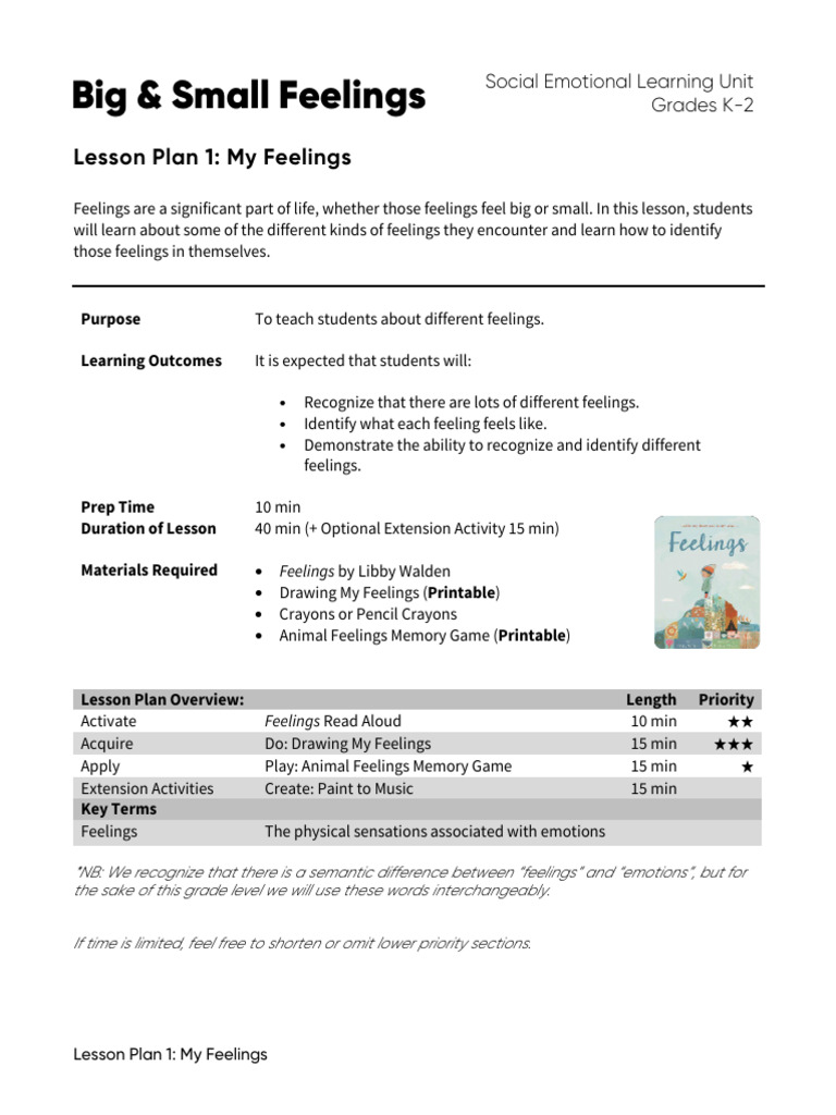Big Small Feelings - Lesson Plan 1 - My Feelings | PDF | Drawing | Feeling