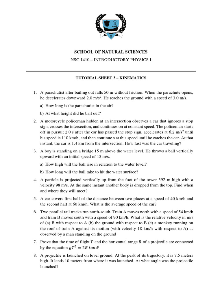 Tutorial Sheet 3 - Kinematics (NSC 1410) | PDF