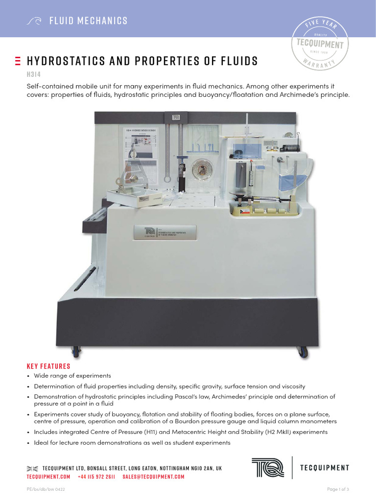 H314 Hydrostatics Datasheet | PDF | Buoyancy | Pressure Measurement