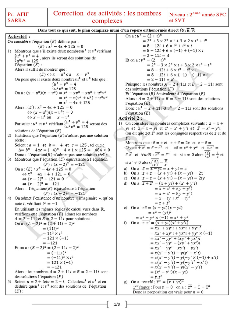 Correction Des Activités Des Nombres Complexes. | PDF | Nombre complexe | Objets mathématiques