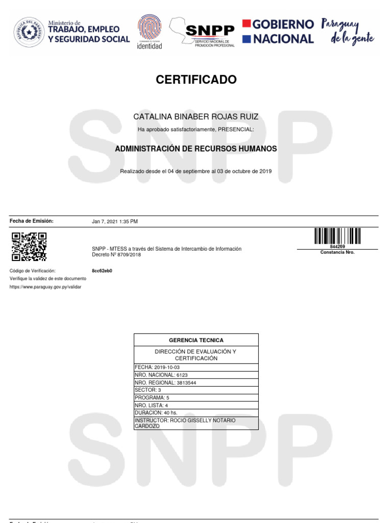 Certificado SNPP de Administración RRHH | PDF