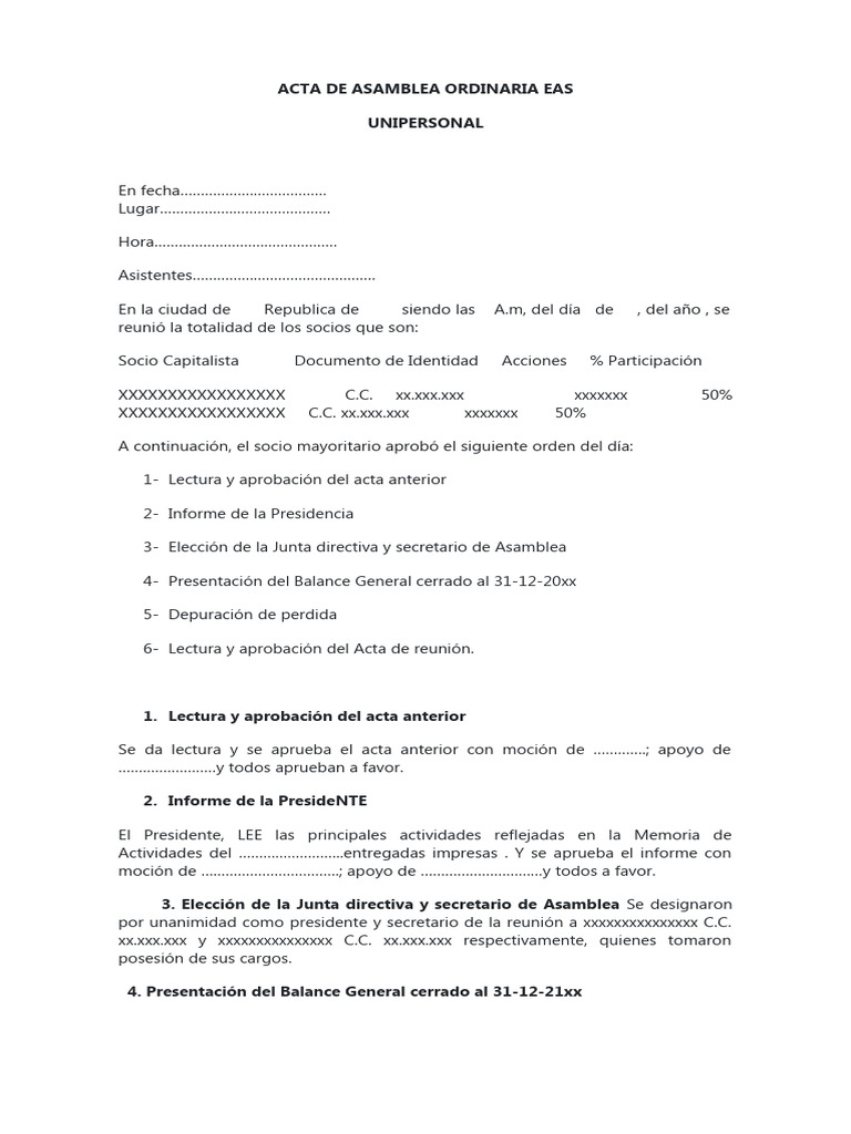 Acta de Asamblea Ordinaria UNIPERSONAL EAS | Descargar gratis PDF | Dividendo