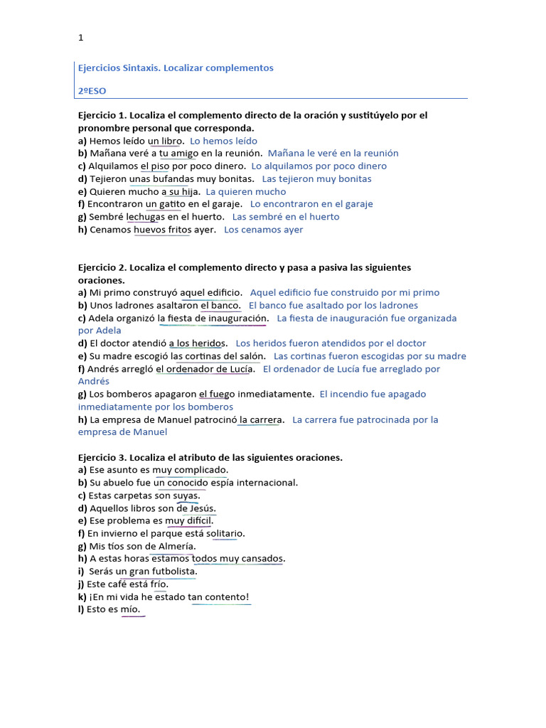 Ejercicios Sintaxis. Localizar Complementos CD, CI, Atrib, CC | PDF