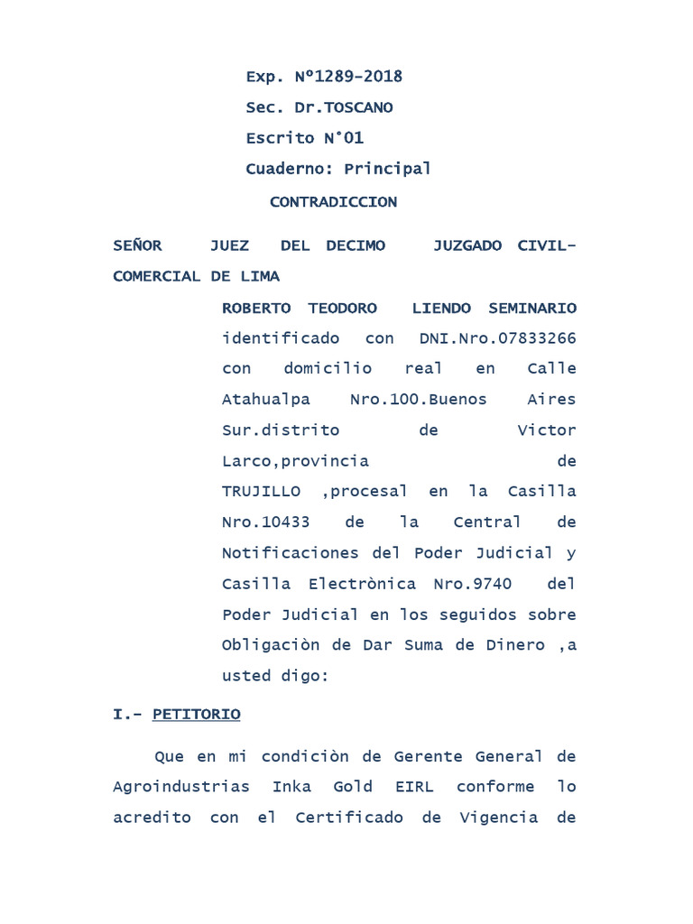 Contradicción a Demanda de Pago Civil | PDF | Demanda judicial | Ley ...