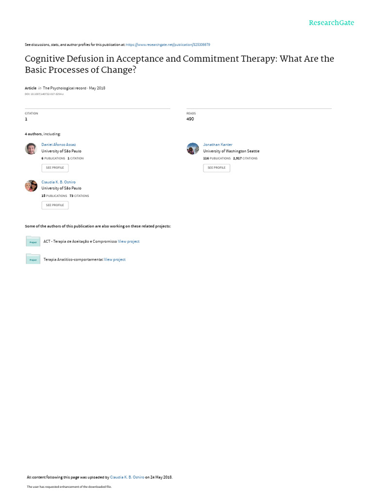 Assaz Et Al. (2017) - Cognitive Defusion in Acceptance and Commitment Therapy - What Are The ...