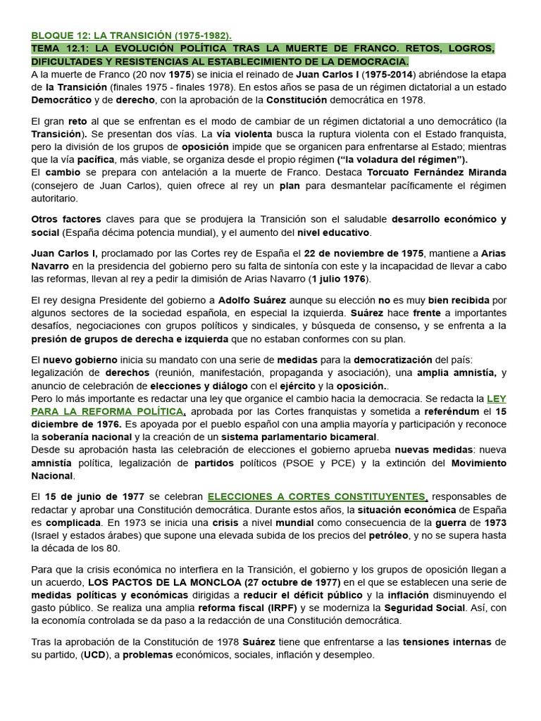 Bloque 12 La Transición 1975 1982 Docx 1 Pdf Política De España