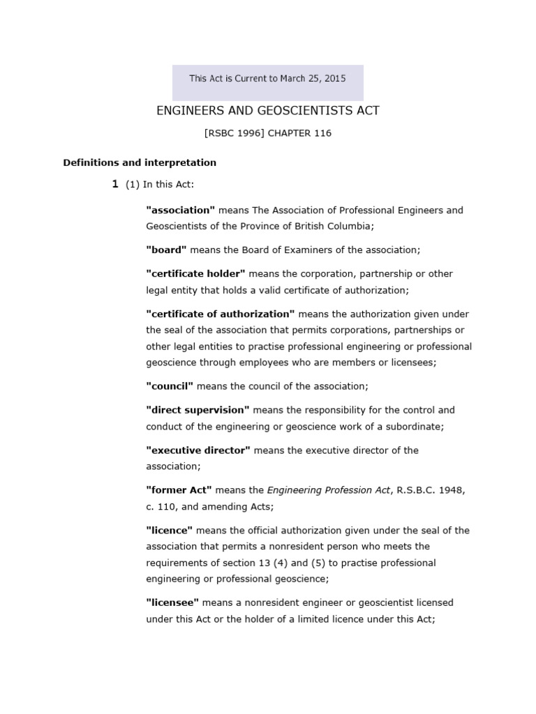 Apegbc - Engineers and Geoscientists Act | PDF | License | Engineer