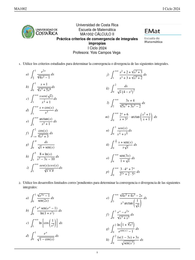 Práctica Criterios de Integrales Impropias | PDF | Matemáticas | Análisis matemático
