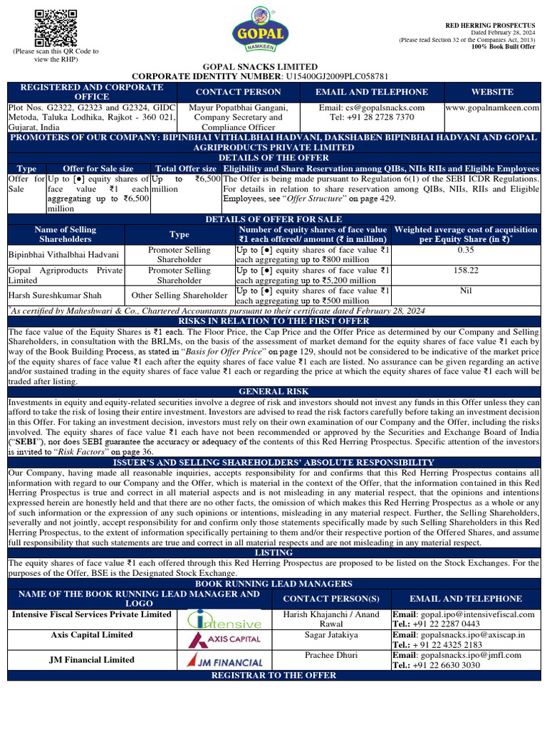 Gopal Limited: (Please Scan This QR Code To View The RHP) | PDF | Stocks | Investing