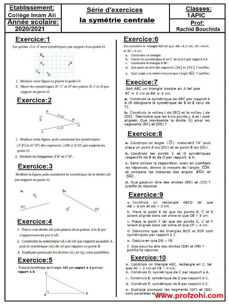 Serie D'exercices de La Symetrie Centrale 1APIC | PDF