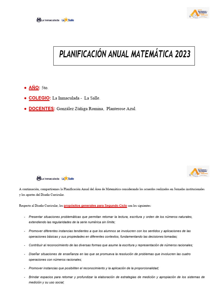 Planificación Anual - Matemática 5to | PDF | División (Matemáticas) | Números