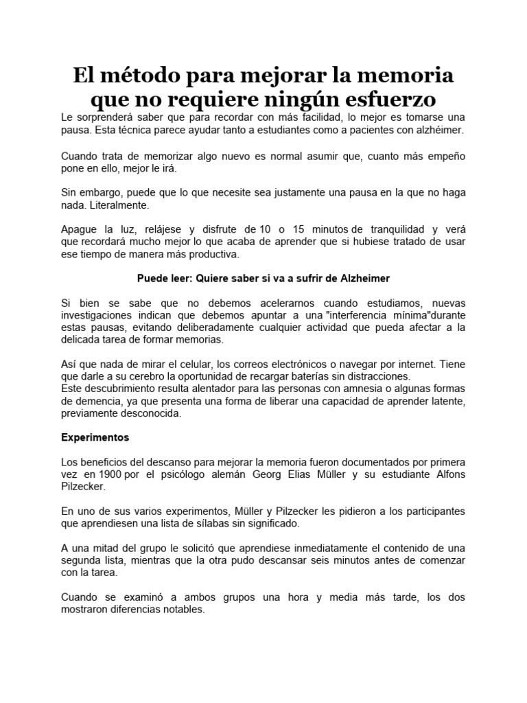 El Método Para Mejorar La Memoria Que No Requiere Ningún Esfuerzo | PDF | Enfermedad de ...
