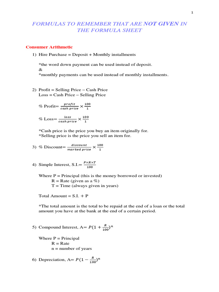 Formulas To Remember That Are Not Given in The Formula Sheet | PDF ...