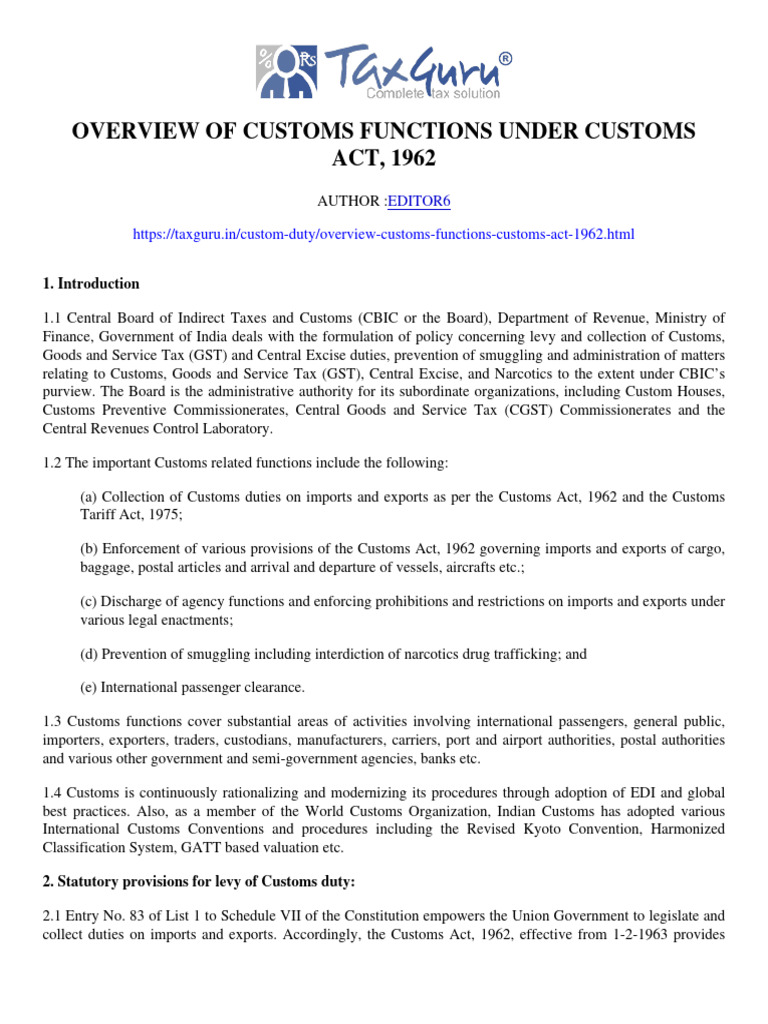 Overview of Customs Act 1962 Functions | PDF | Customs | Ad Valorem Tax