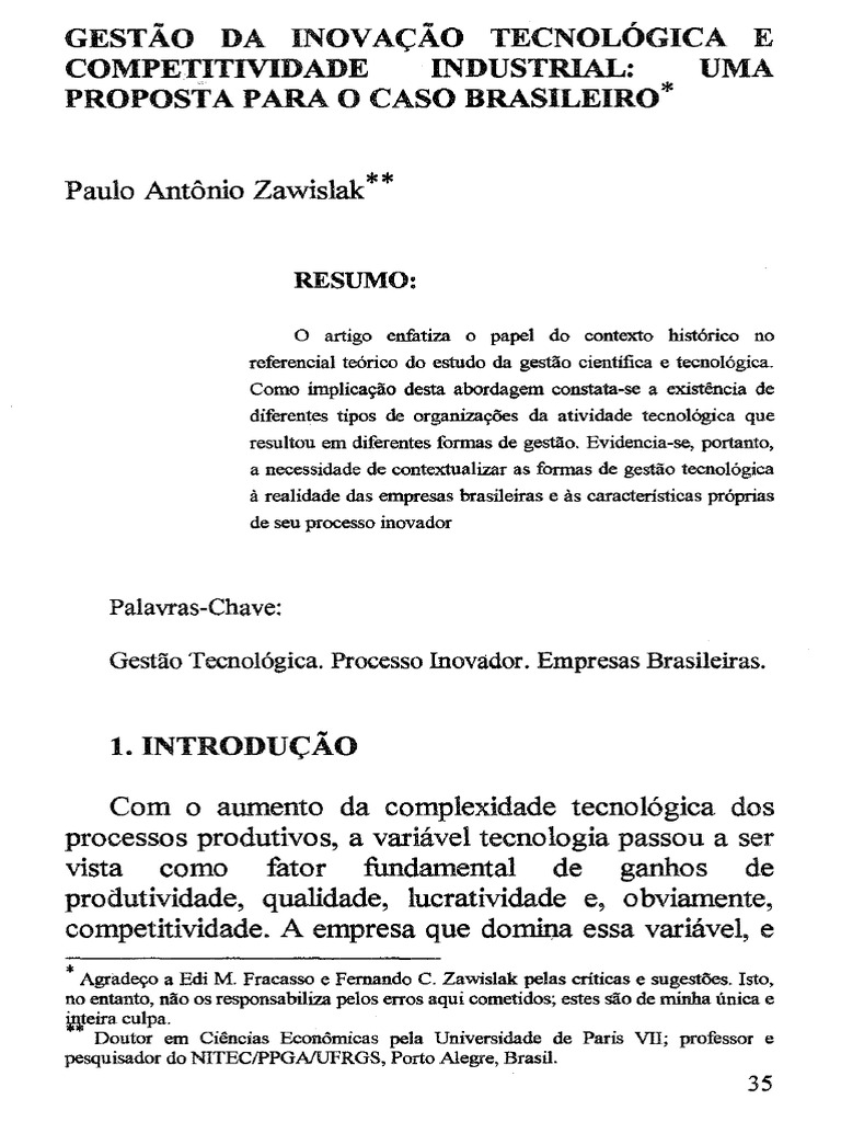Zawislak (1995) - Gestão Da Inovação Tecnológica e Competitividade | PDF