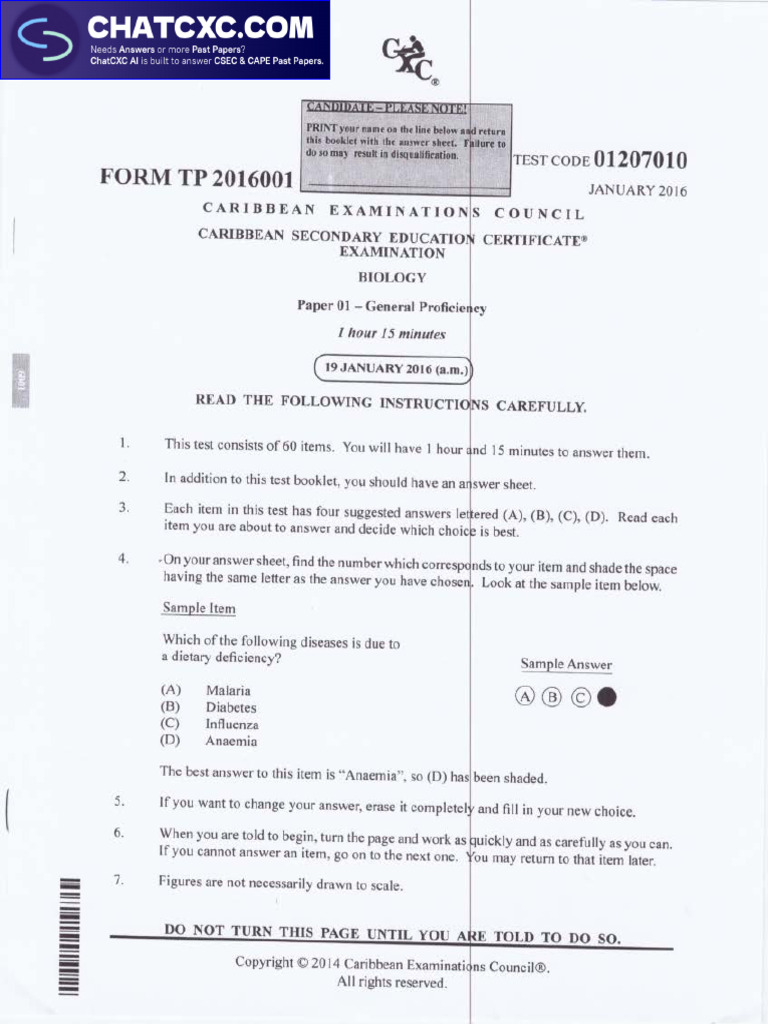 CSEC Biology Janaury 2016 P1-C66CB | PDF