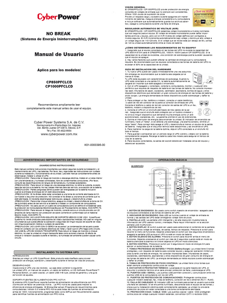 CyberPower K01-0000395-00 UM CP850-1000PFCLCD Es | PDF | Conector ...