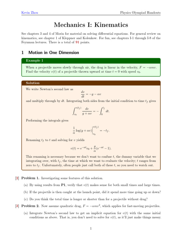 Mechanics I: Kinematics: 1 Motion in One Dimension | PDF | Differential Equations | Equations