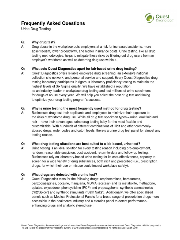 Quest Urine Drug Tesing FAQ | PDF | Drug Test | Psychoactive Drugs