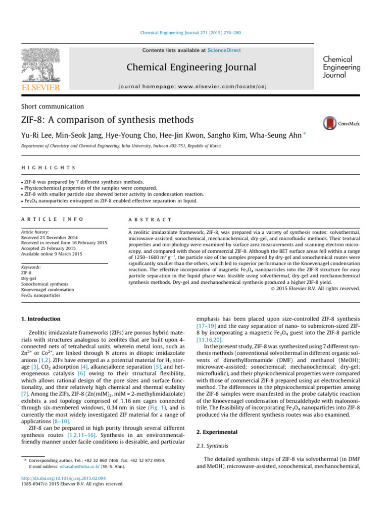 ZIF-8 - A Comparison of Synthesis Methods | PDF | Nanoparticle ...