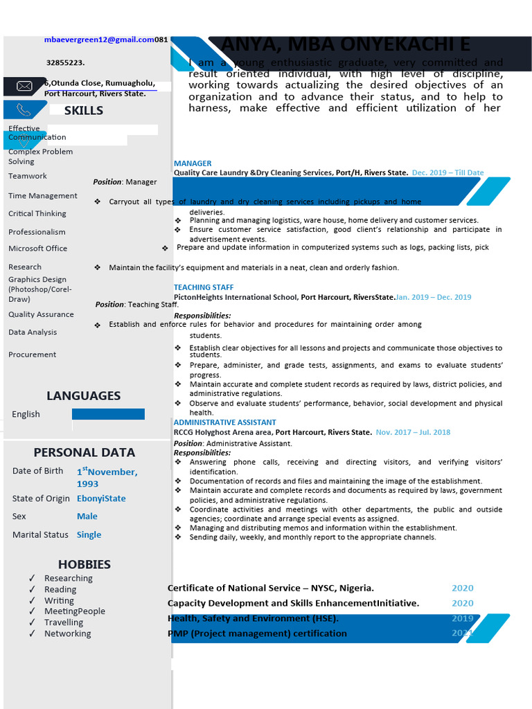 Anya, Mba Onyekachi e CV Edited | PDF | Business