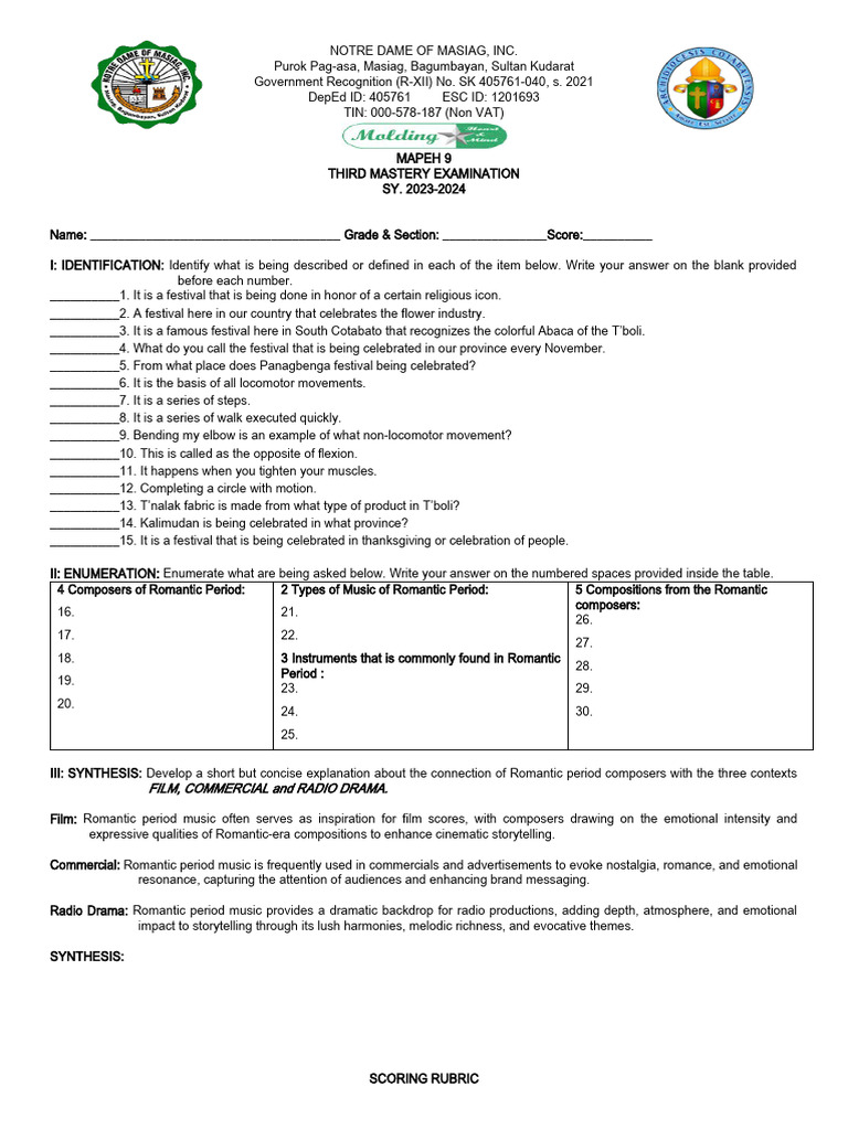 Grade 9 MAPEH 3RD MASTERY | PDF | Romanticism