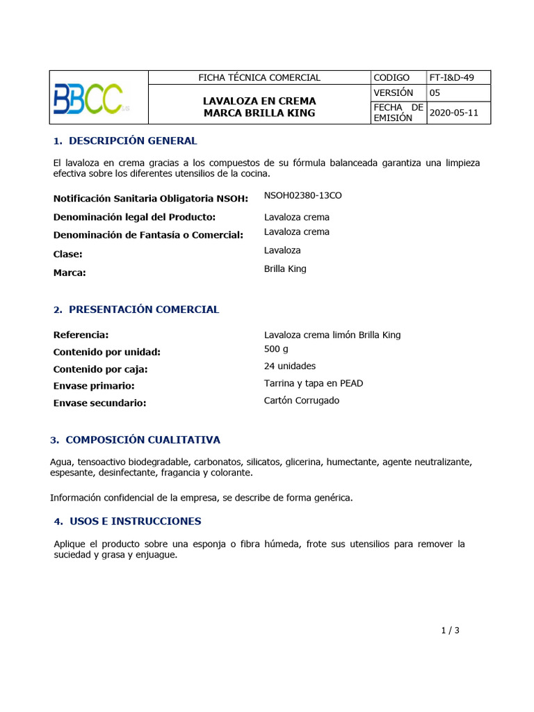Ficha Técnica Lavaloza Crema Brilla King | PDF