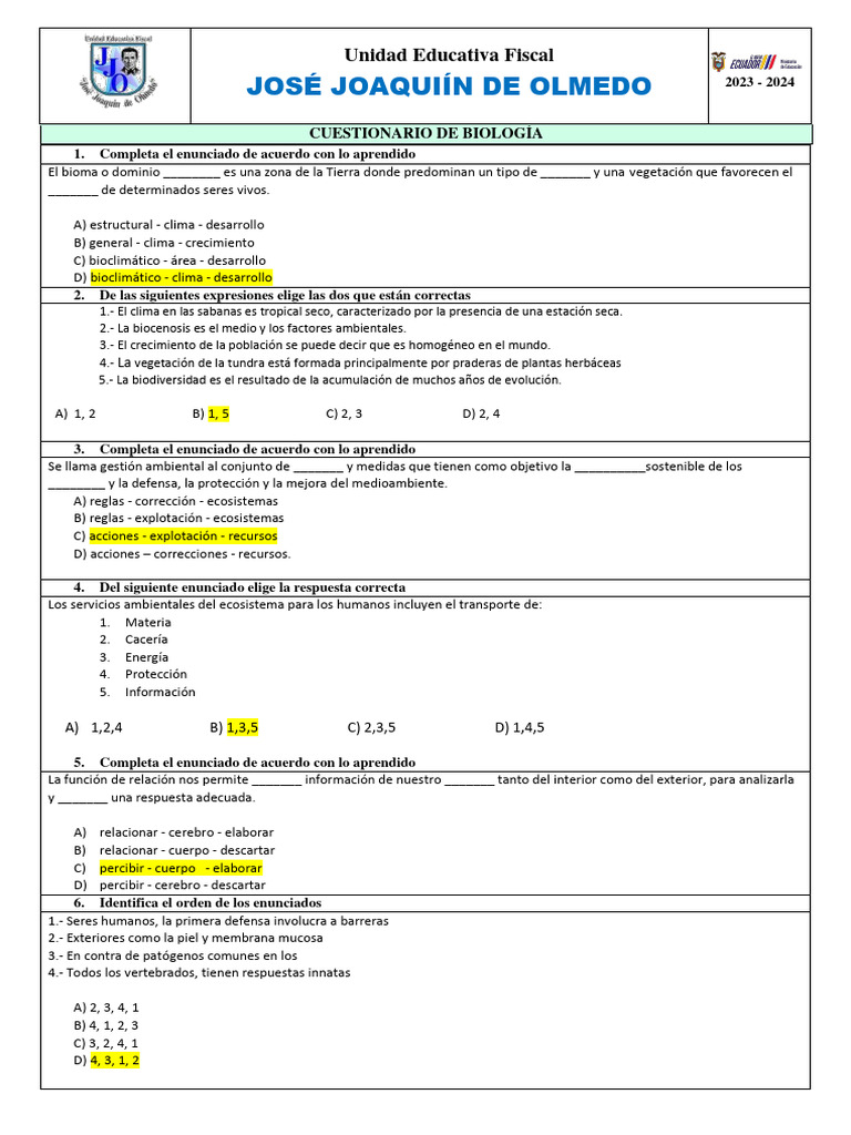 BIOLOGÍA. Cuestionario Resuelto. PBE. | PDF | Ecosistema | Infección