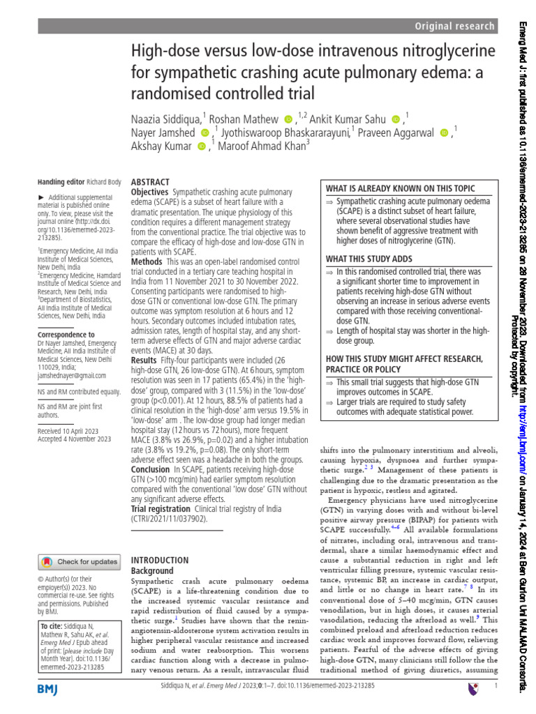 High Dose Versus Low Dose Intravenous Nitroglycerine For Sympathetic ...