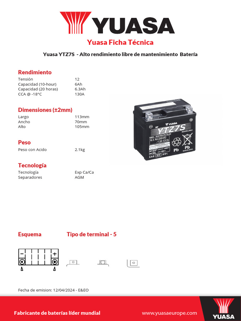Batería Yuasa YTZ7S: Especificaciones y Rendimiento | PDF