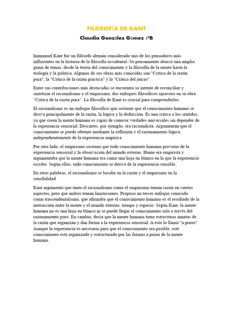 Filosofía de Kant | PDF | Racionalismo | Immanuel Kant