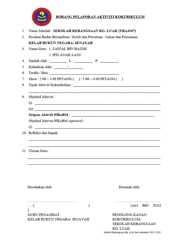 Borang Pelaporan Aktiviti Kokurikulum 2023 2024 | PDF