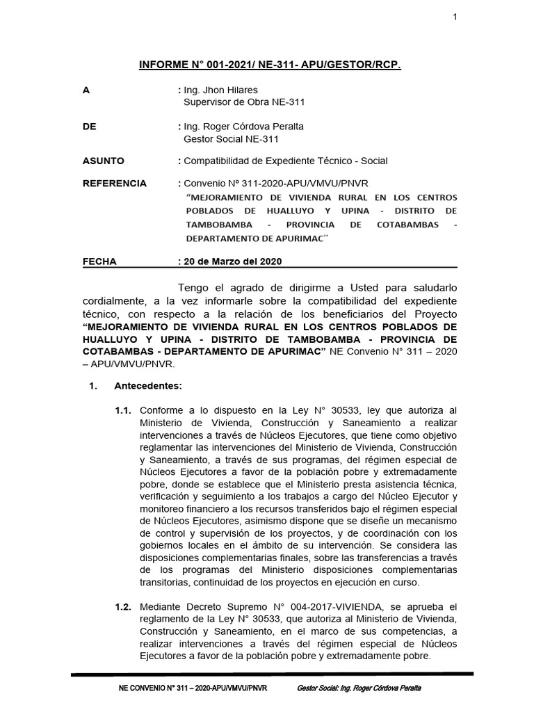 Informe de Compatibilidad Social - 311 Hualluyo y Upina. | PDF | Gobierno