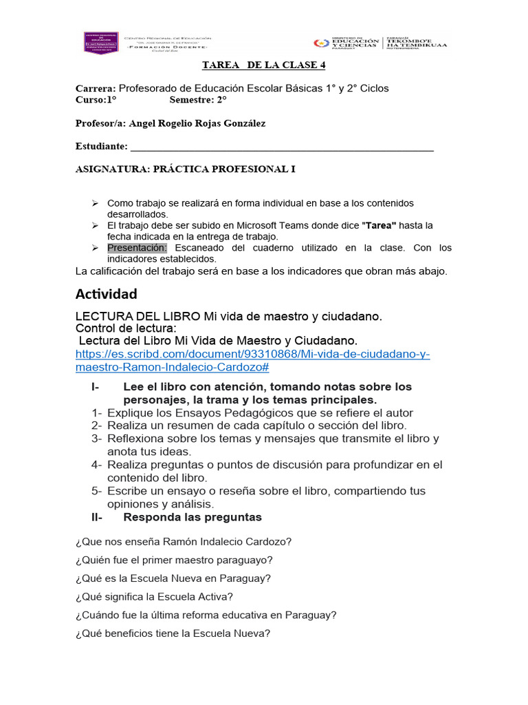 Tarea de La Clase 4 Control de Lectura | PDF | Maestros | Pedagogía
