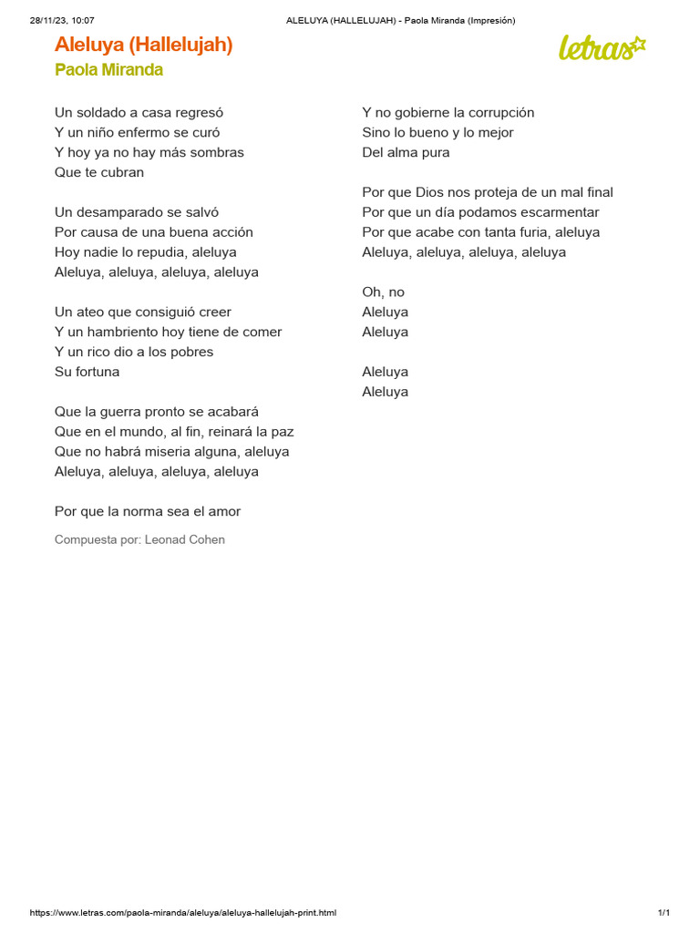 Letra de "Aleluya" - Paola Miranda | PDF